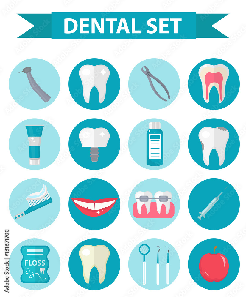 Dental icon set, flat style. Stomatology kit isolated on white ...