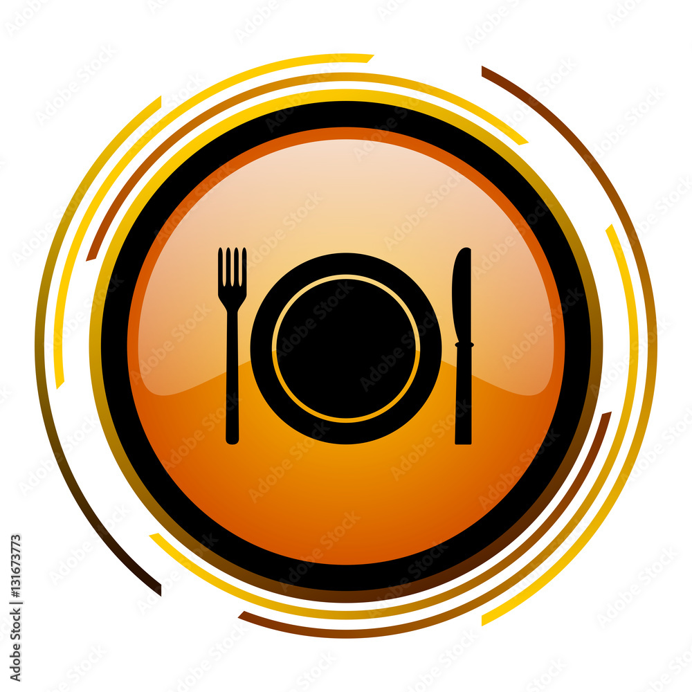 Restaurant vector icon. Modern design round orange button isolated on ...