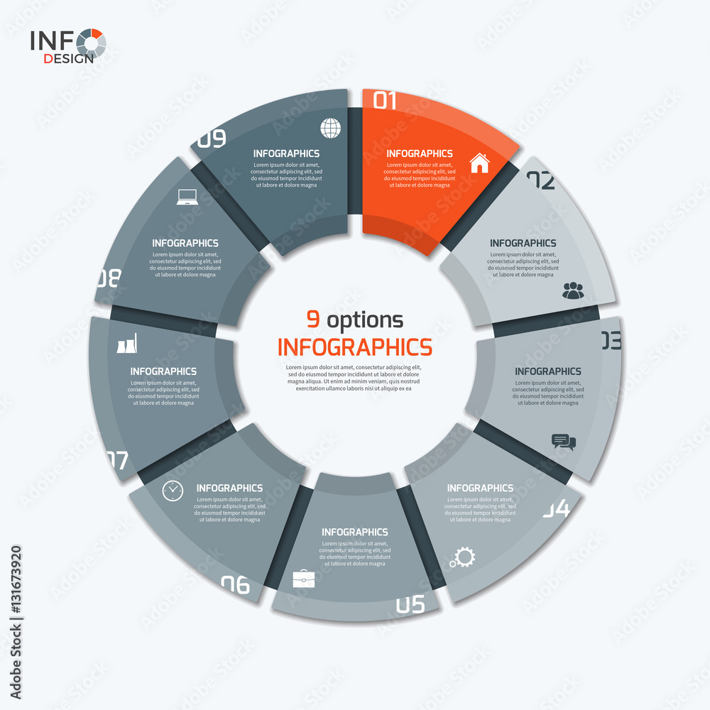 Vector circle chart infographic template with 9 options for ...