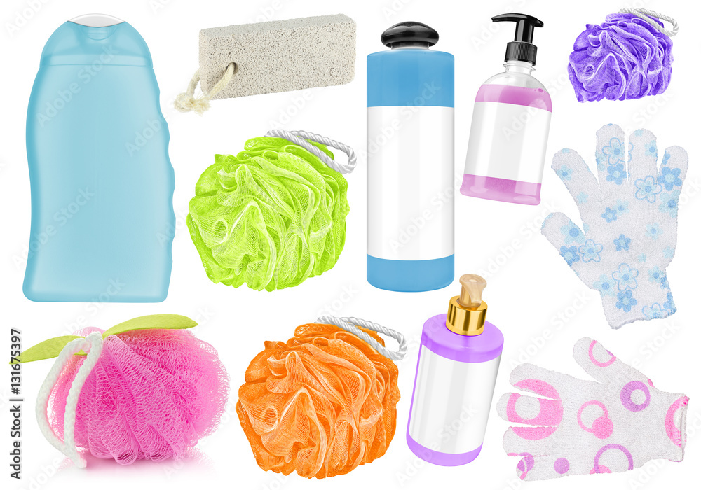 Various personal bath hygiene products isolated on white background ...