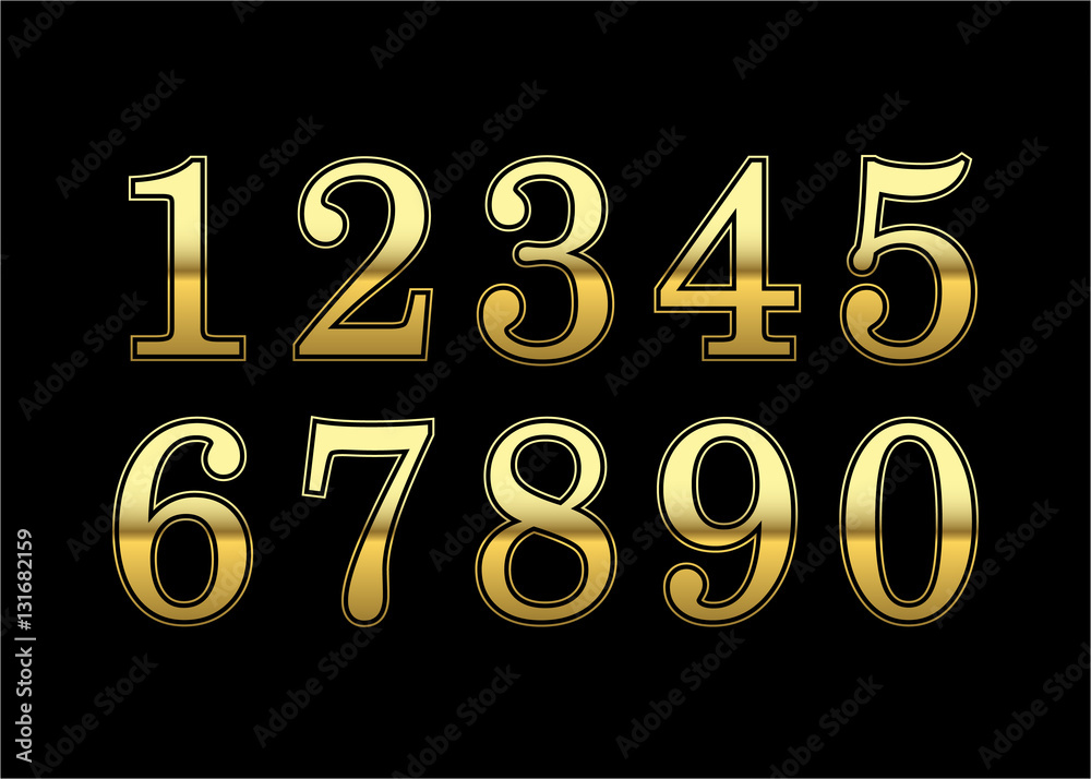 Gold numbers set. Golden metallic font, isolated on black background ...