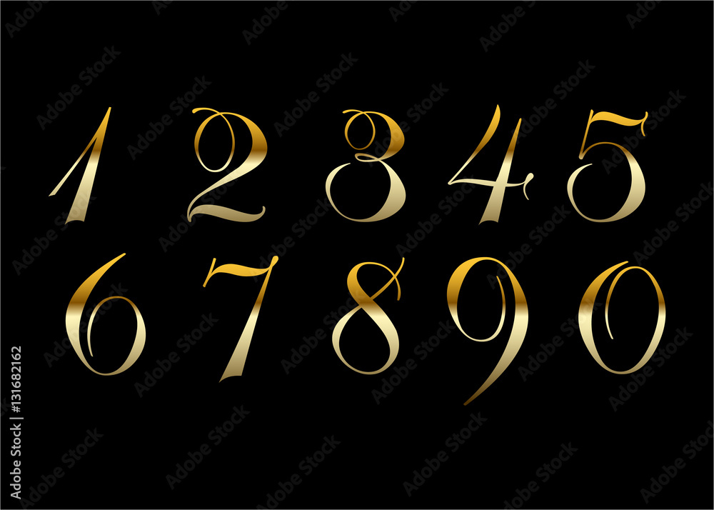 Gold 3d metallic numbers set. Golden metal texture font, isolated on ...