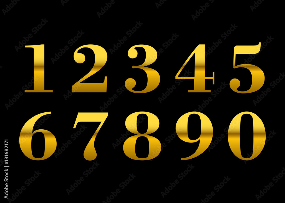 Gold 3d metallic numbers set. Golden metal texture font, isolated on ...
