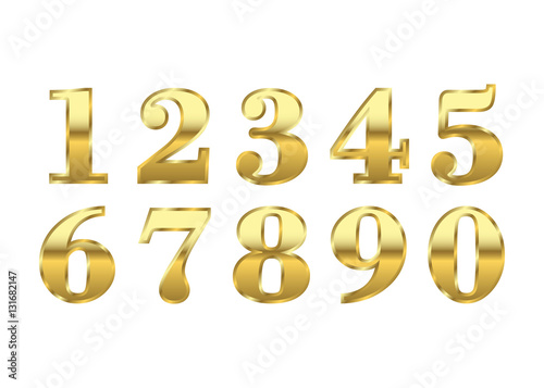 Gold 3d metallic numbers set. Golden metal texture font, isolated on ...