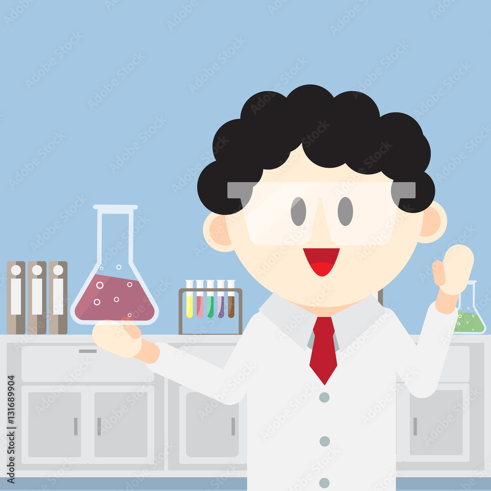 cartoon scientist holding a test tube and clipboard in a white lab coat ...