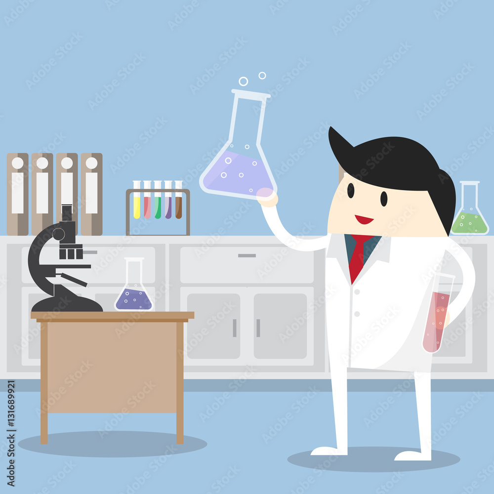 cartoon scientist holding a test tube and clipboard in a white lab coat ...