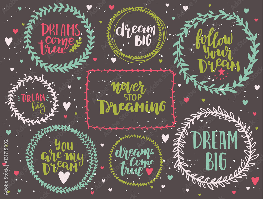 Lettering about dream in frames-wreaths. Motivational set on dark ...