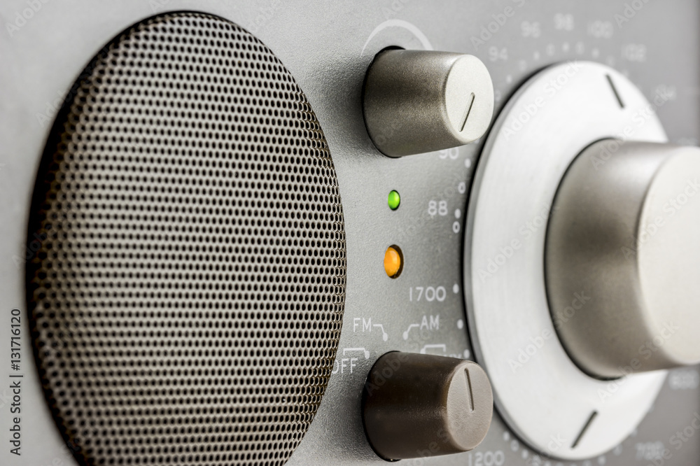 Modern radio face with AM/FM tuner dial, speaker and lights Stock Photo ...