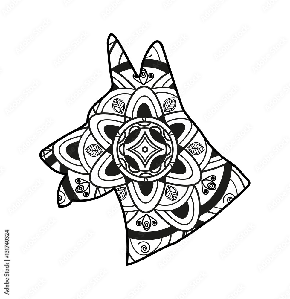 Vector illustration of a dog's head mandala for coloring book, testa di ...