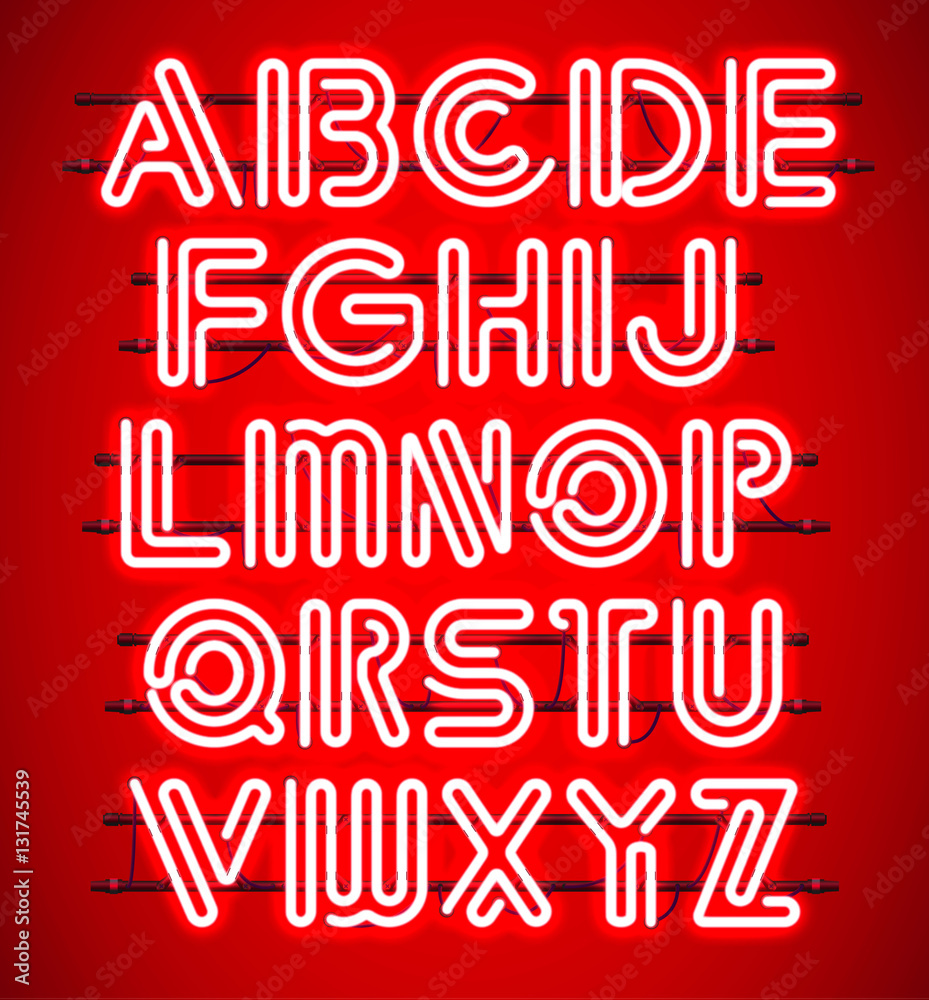 Glowing red Neon Alphabet with letters from A to Z. Shining and glowing ...