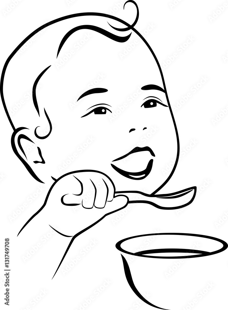 Baby learns to eat with a spoon. Contour drawing vector de Stock ...
