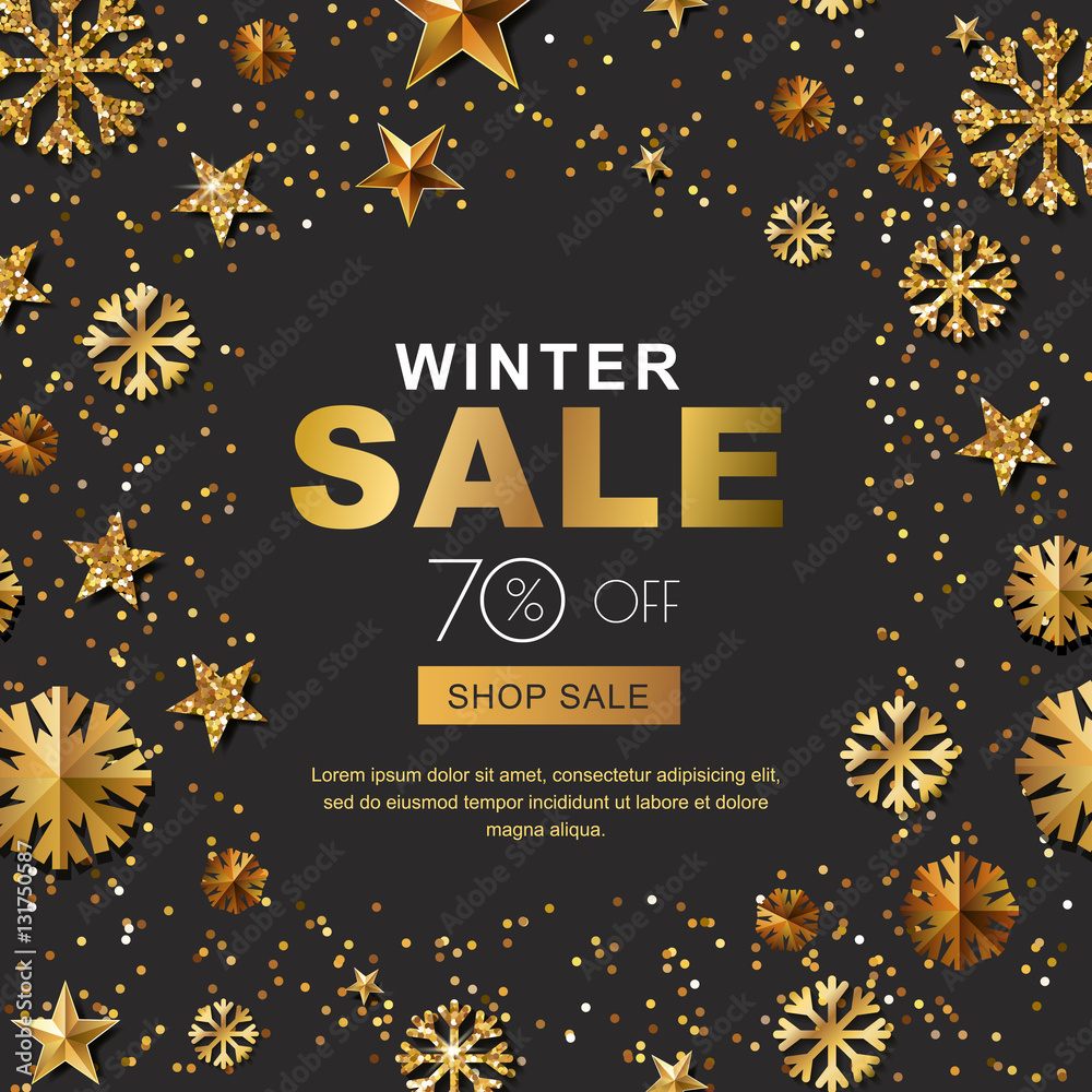 Winter sale banners with 3d gold stars and snowflakes. Vector winter ...