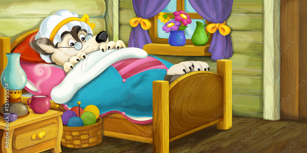 Cartoon scene of a lazy wolf sleeping in a bed - illustration for ...