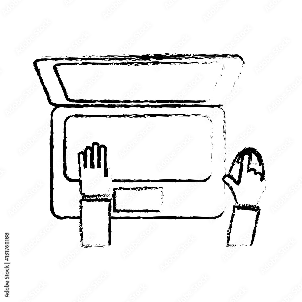hands and laptop computer icon over white background. vector ...