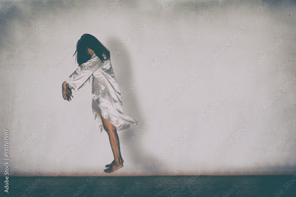 Mysterious Woman, Horror scene of scary ghost woman on white wall with ...