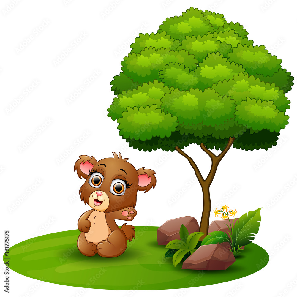 Cartoon bear waving hand under a tree on a white background Stock ...