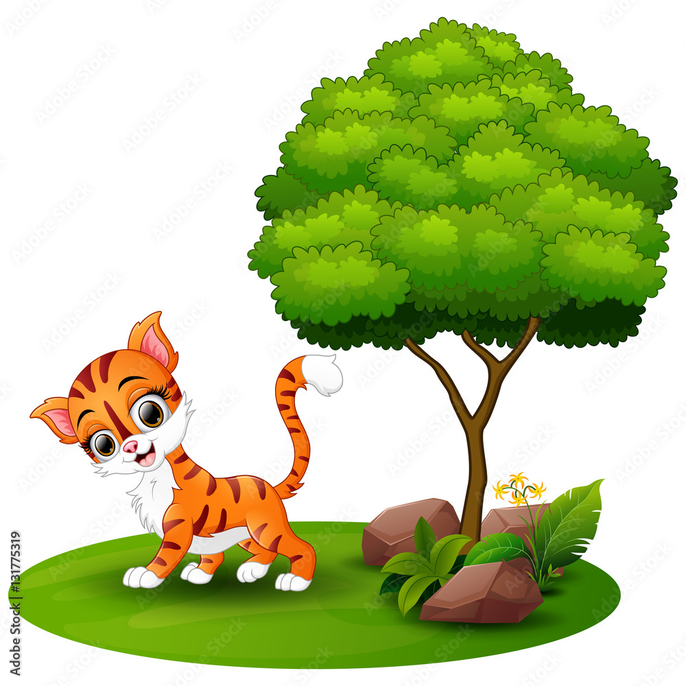 Cartoon cat under a tree on a white background Stock Vector | Adobe Stock