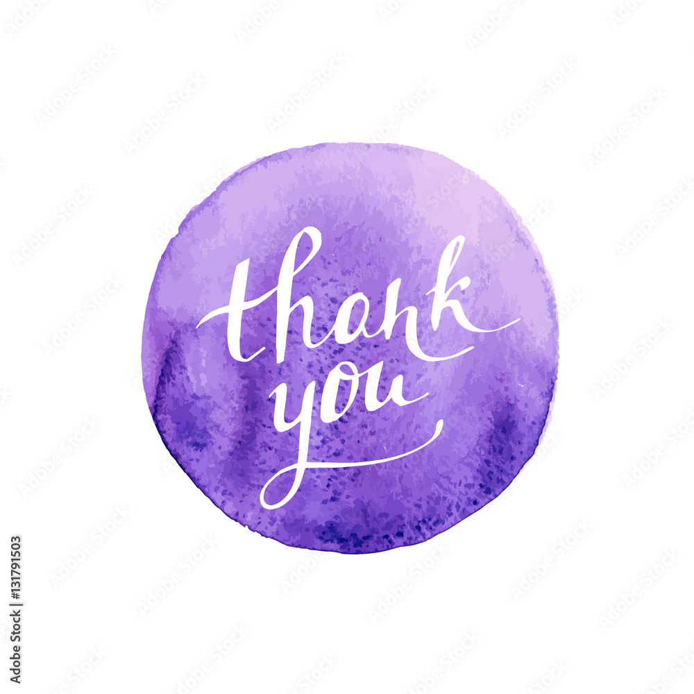 Thank you card. Hand-drawn lettering on watercolor purple stain. Stock ...