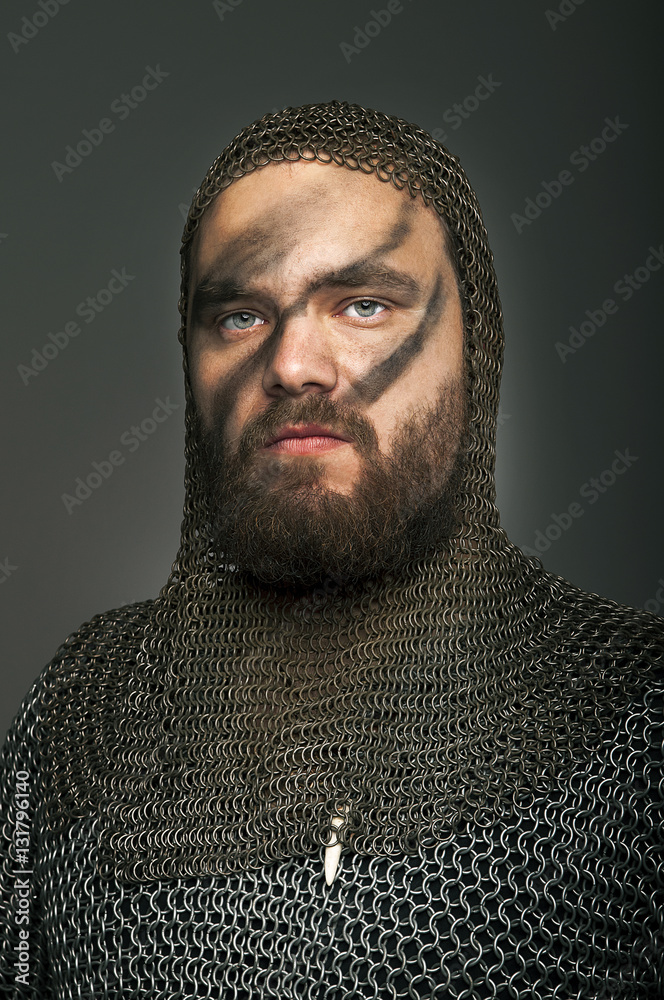 Viking in chain armor and coif on the grey background Stock Photo ...