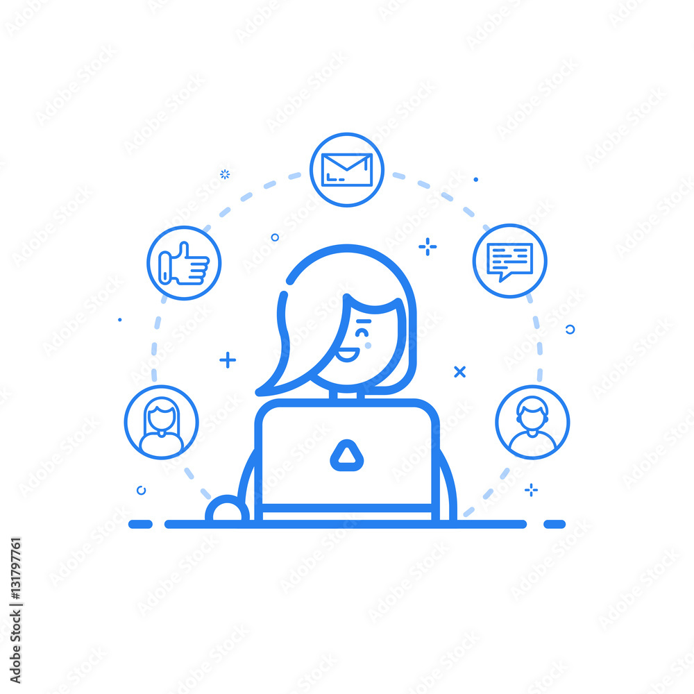 Vector illustration of blue icon in flat line style. Linear cute and ...