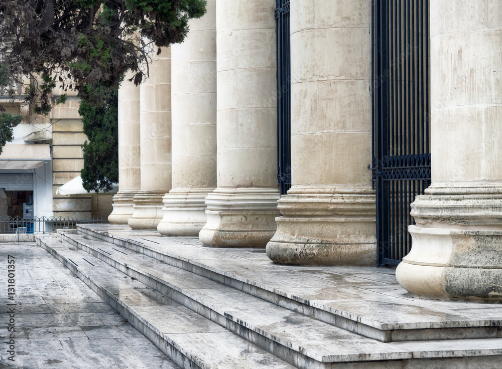 Detail of a court house. Roman columns architecture in Valletta, Malta ...