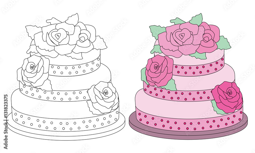 Coloring book page pink cake. Sketch and color version. Stock Vector ...