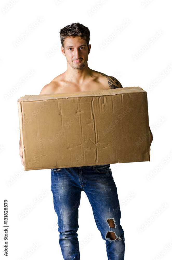 Attractive shirtless young man holding and carrying big cardboard box ...