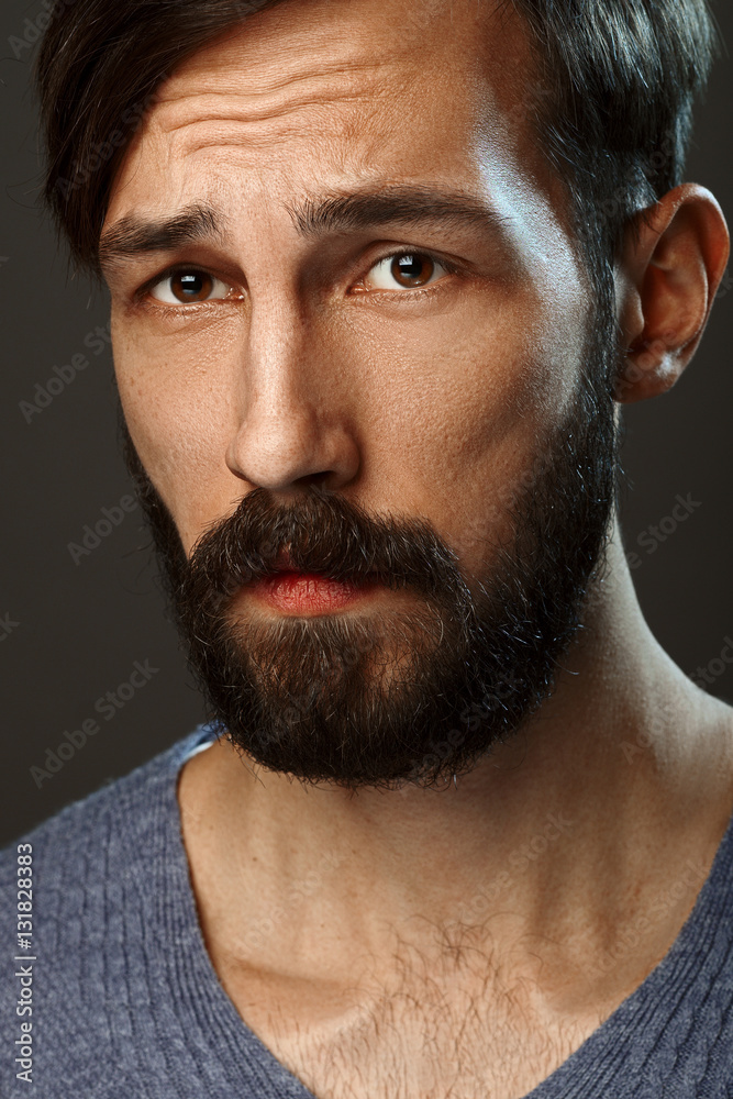 Closeup portrait of surprised man with beard and mustache lookin Stock ...