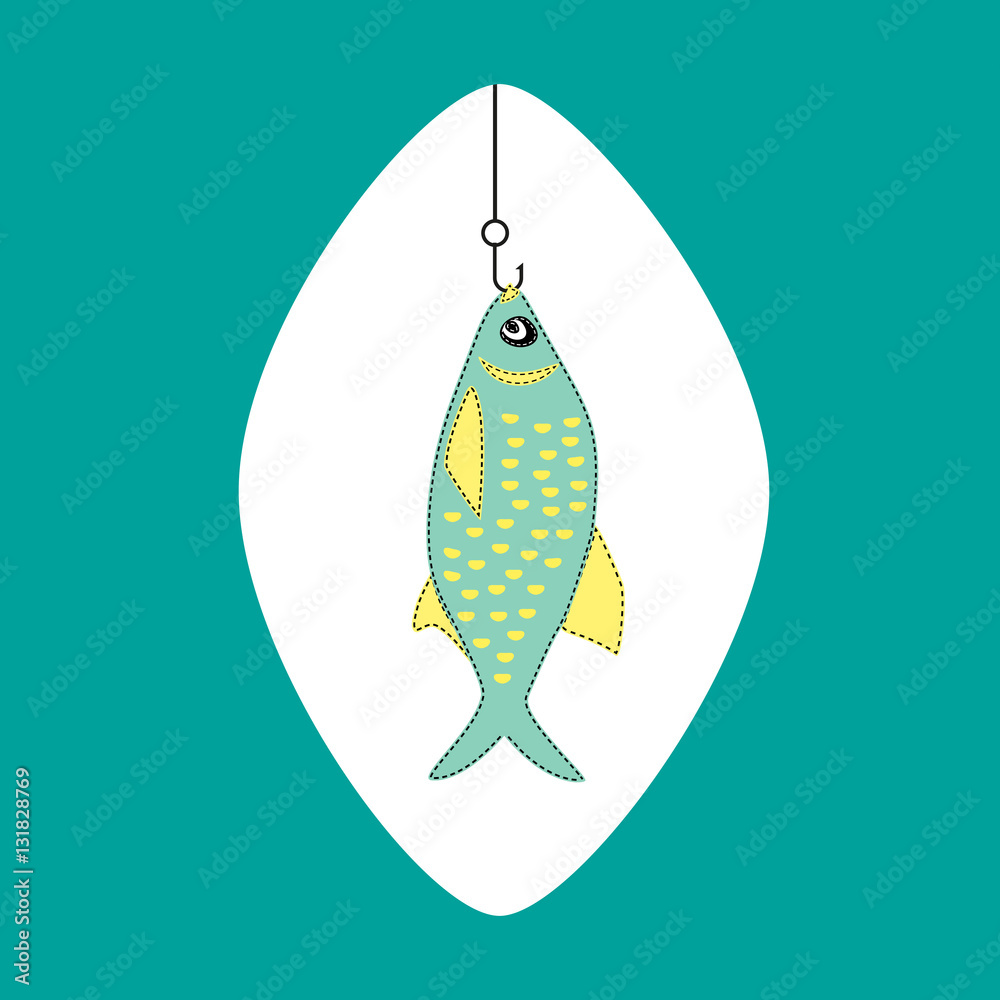 Fishing icon. Freehand drawn fancy emblem in cartoon style. Colorful ...
