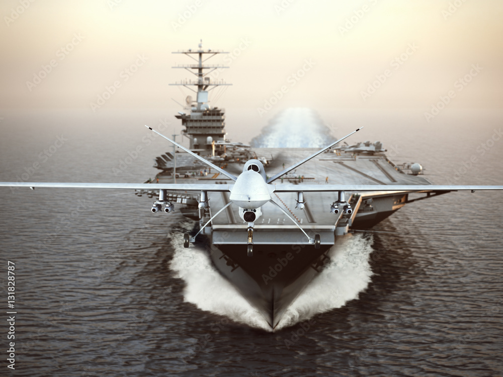 Military Drone aircraft launching from an aircraft carrier on a strike ...