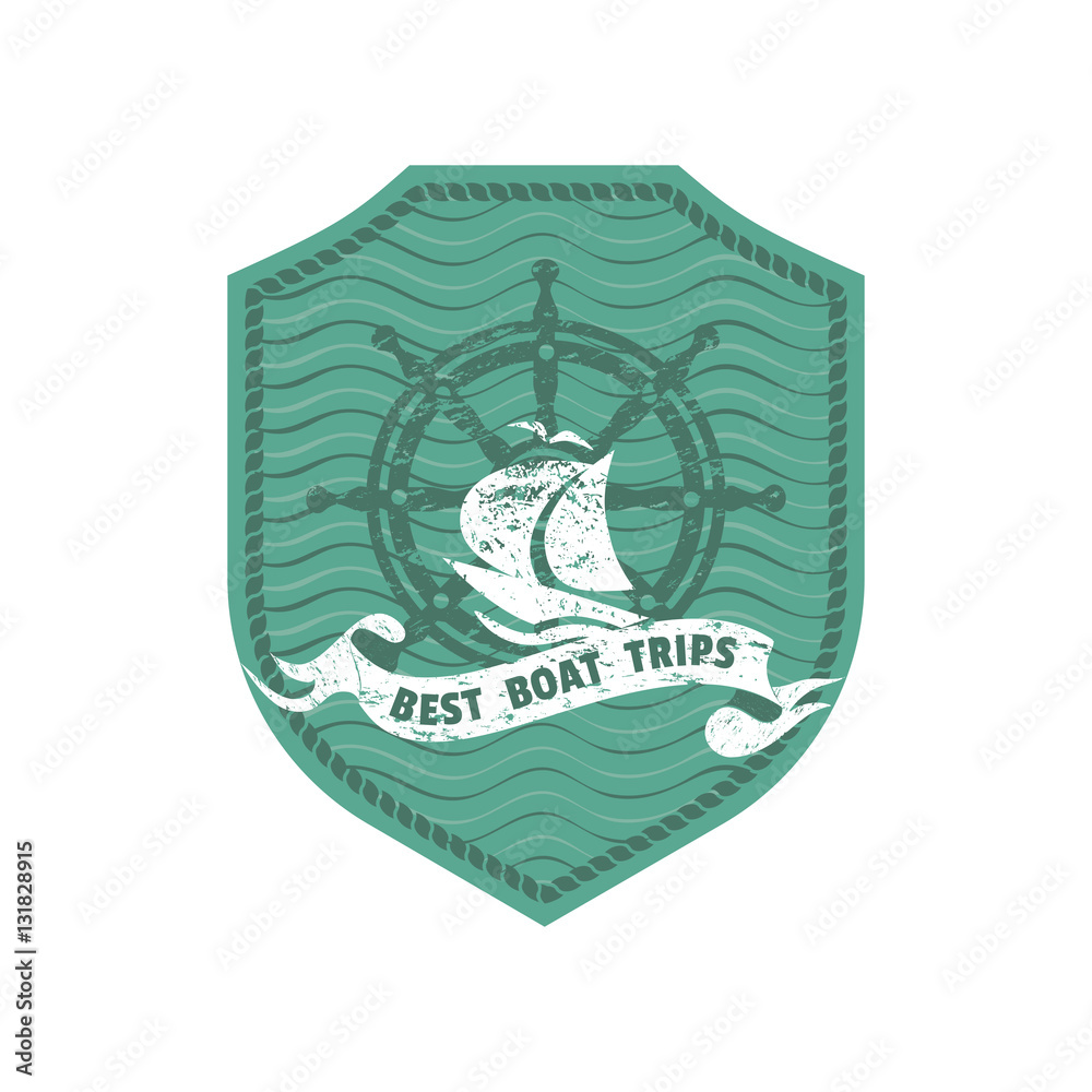 Best boat trips icon. Freehand drawn retro style steering helm, grunge ...