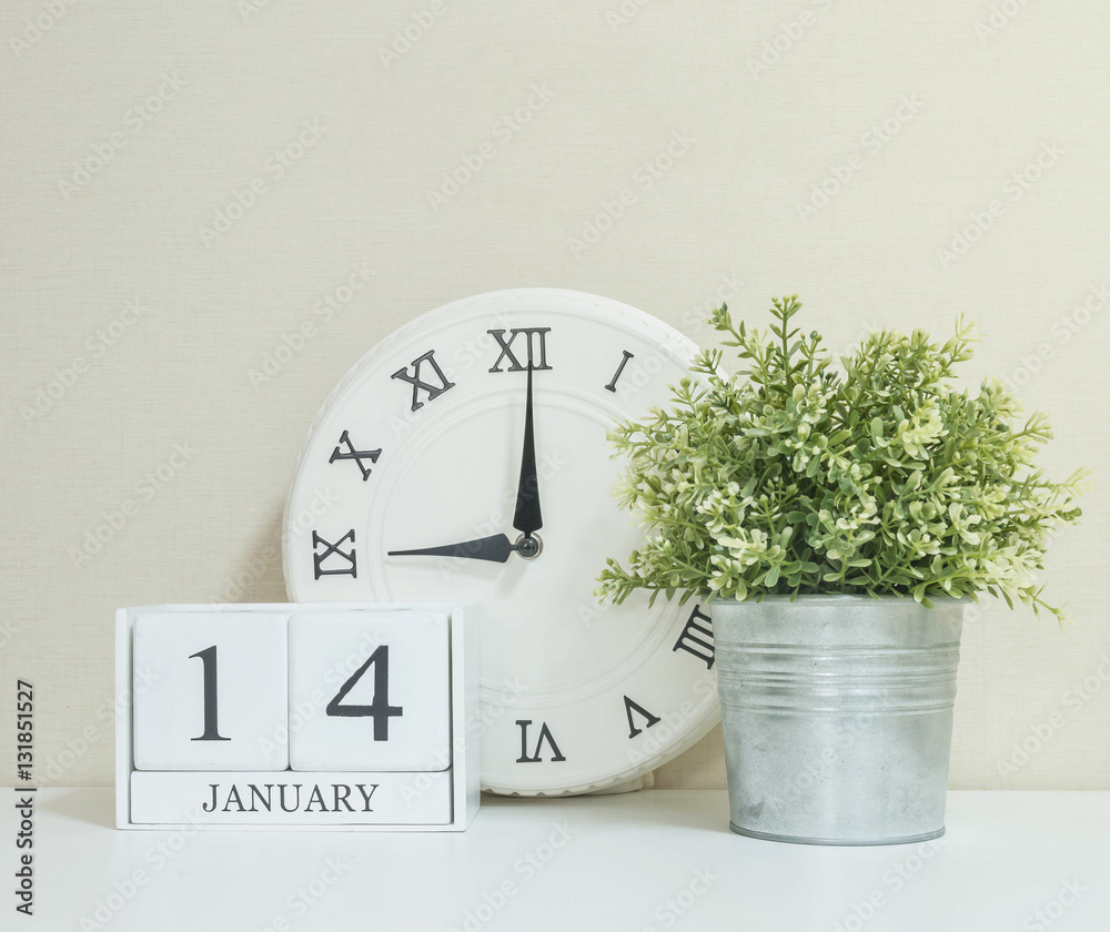 White wooden calendar with black 14 january word with clock and plant ...