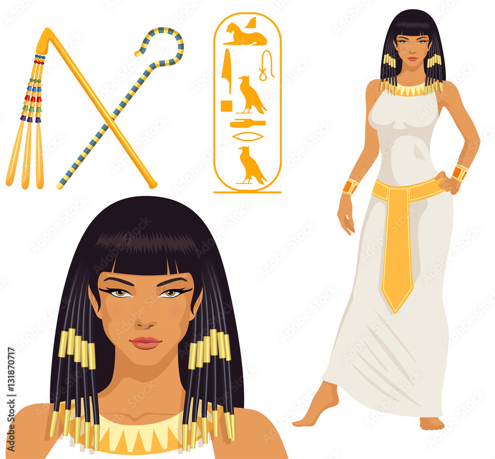 illustration of Cleopatra, her name written in Egyptian hieroglyphics ...
