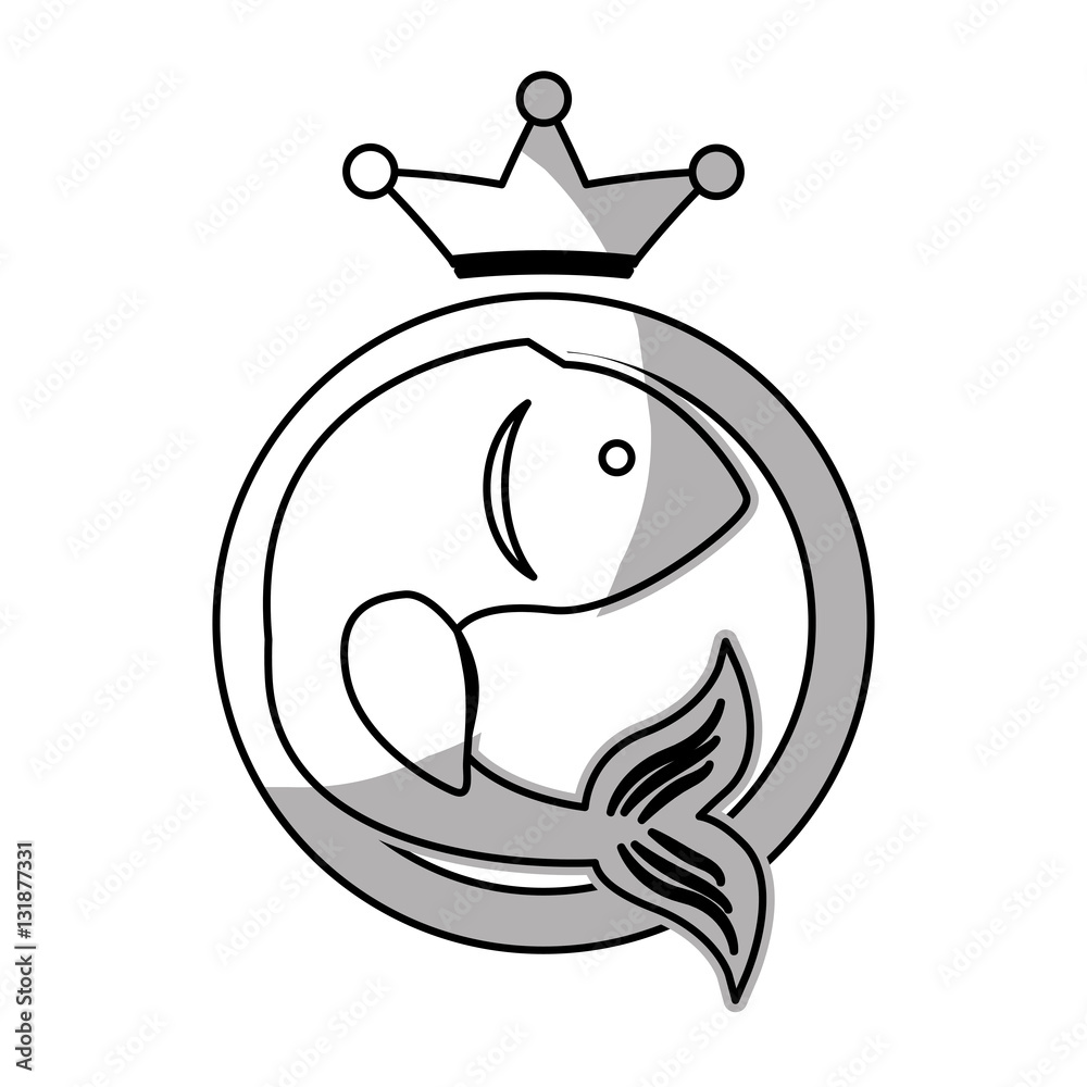 seal stamp with fish and decorative crown icon over white background ...