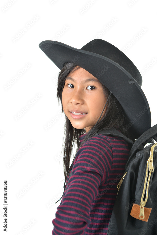 Asian girl in a cowboy hat looking up isolated on white backgrou Stock ...