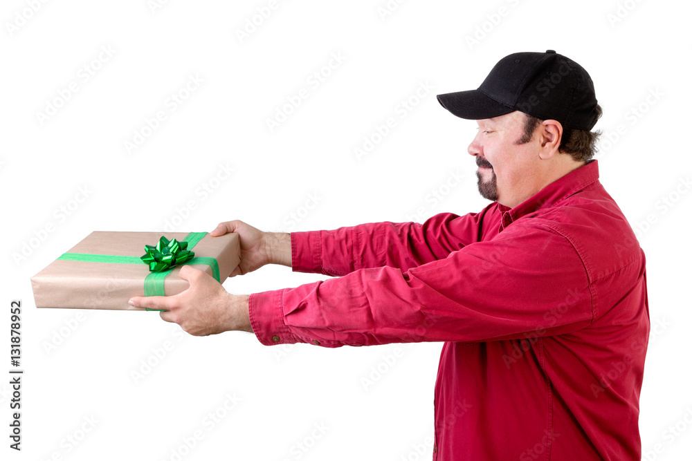 Side view of man giving wrapped present on white Stock Photo | Adobe Stock