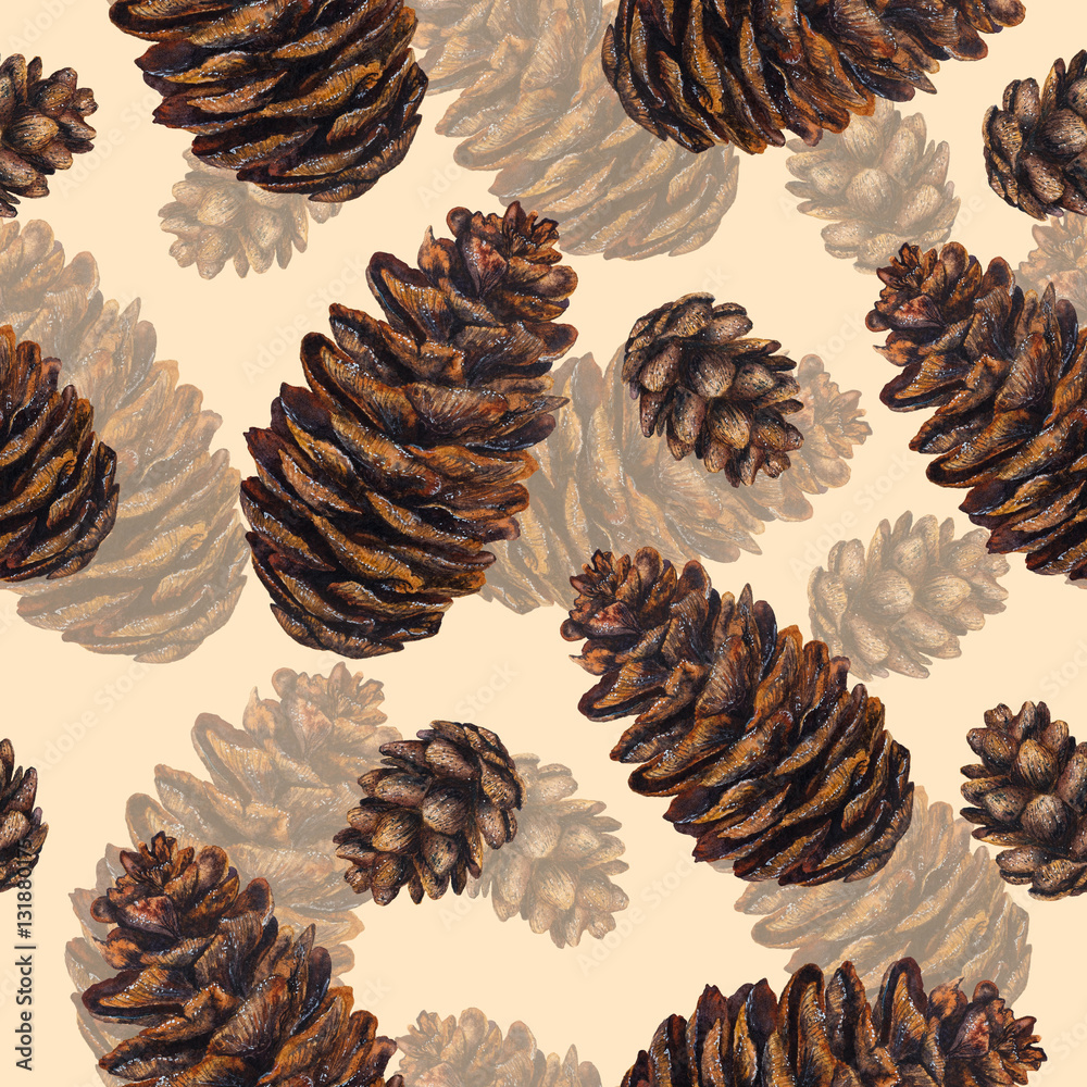 Watercolor fir cone pattern. Watercolor pine cone background. Seamless ...