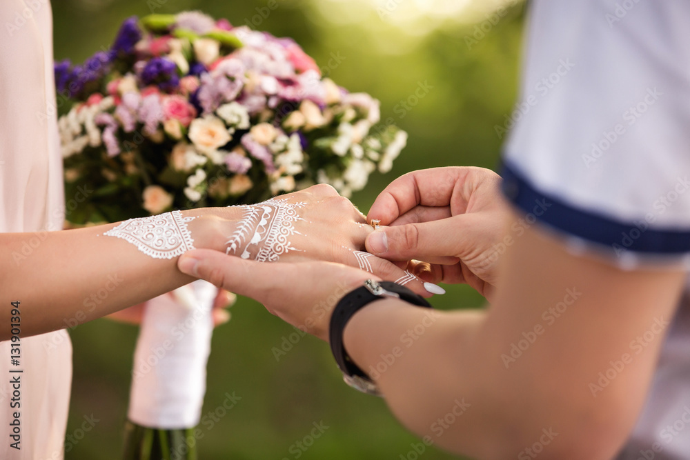 Proposal of marriage or engagement of indian couple. Engagement ring on ...