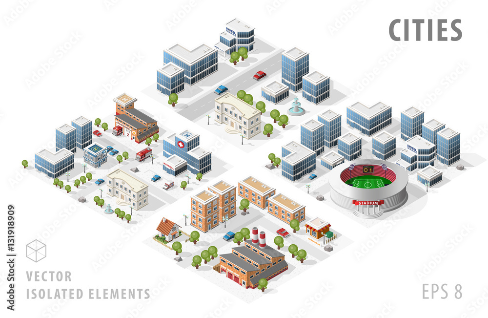 Set of Isolated Isometric Realistic City Maps. Elements with Shadows on ...