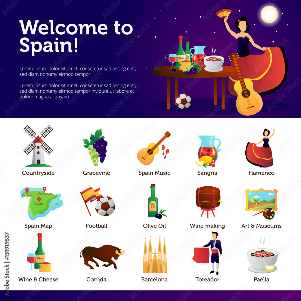 Welcome To Spain Infographic Symbols Poster Stock Illustration | Adobe ...
