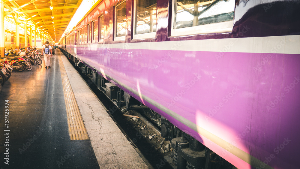 Arrival train at railway station or train station with structure and ...