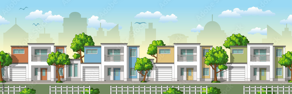 Seamless cityscape cartoon background with trees Stock Vector | Adobe Stock