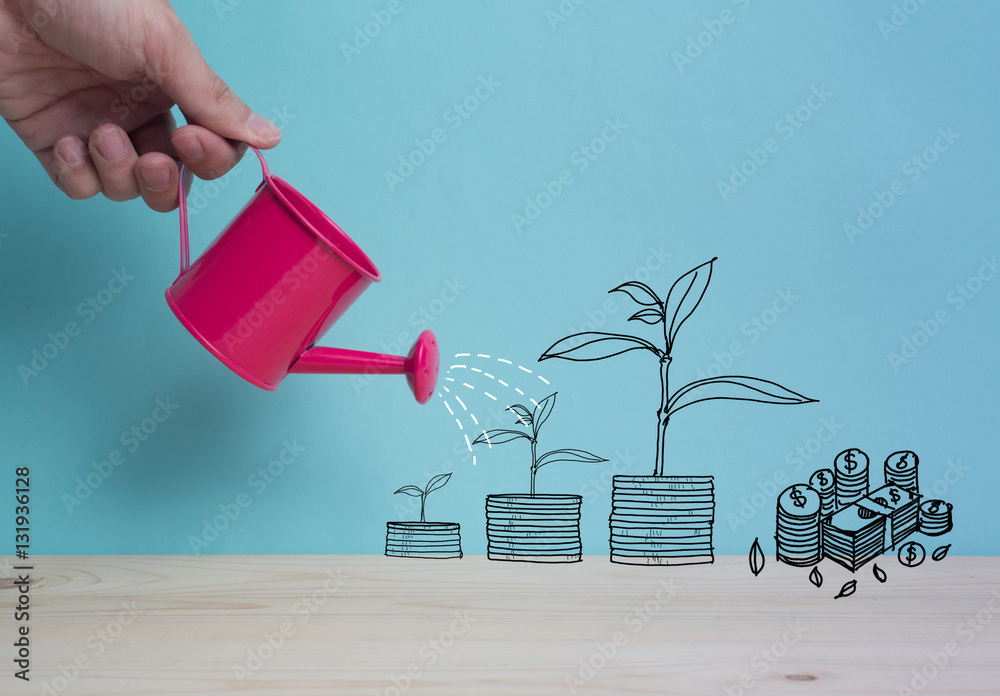 Growing Money Trees A business hand watering money trees over color ...