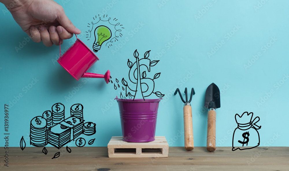 Growing Money Trees A business hand watering money trees over color ...