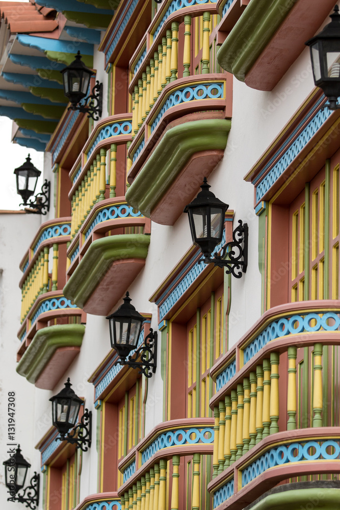 loseup details of colourful colonial style balconies in Guatape ...