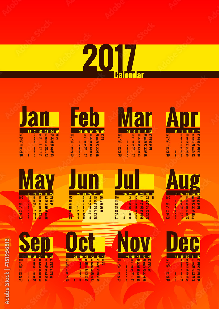 Calendar template for 2017 year. Week starts on Monday. Calender with ...