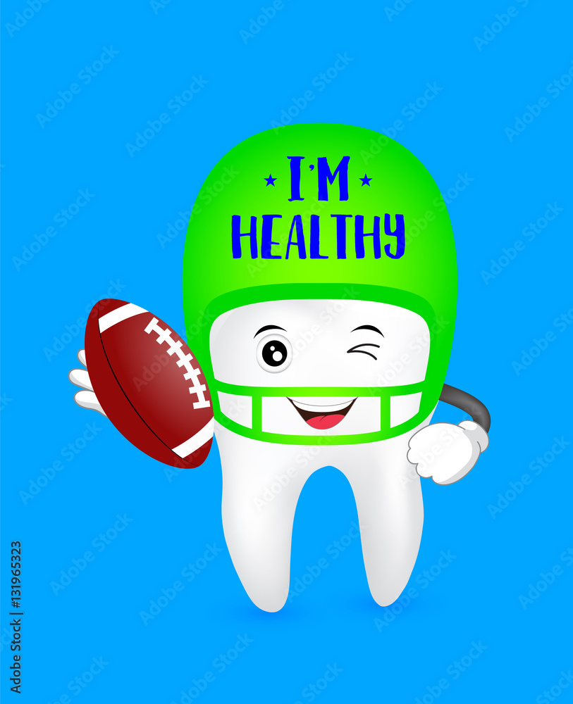 Cute cartoon tooth character wearing American Football hat ...