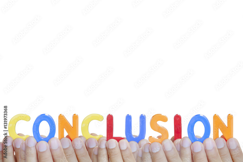 Man fingers showing "CONCLUSION" text on white background Stock Photo ...