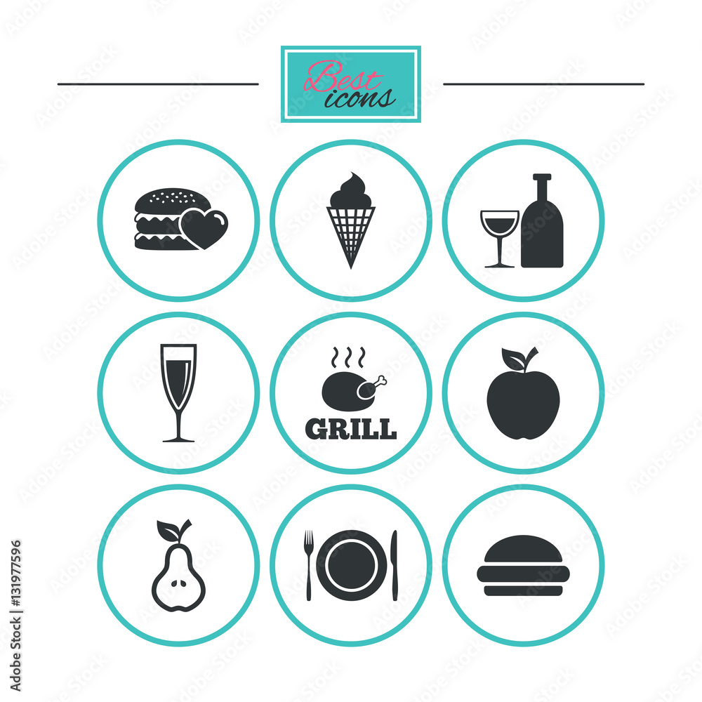 Food, drink icons. Alcohol and burger signs. Stock Vector | Adobe Stock
