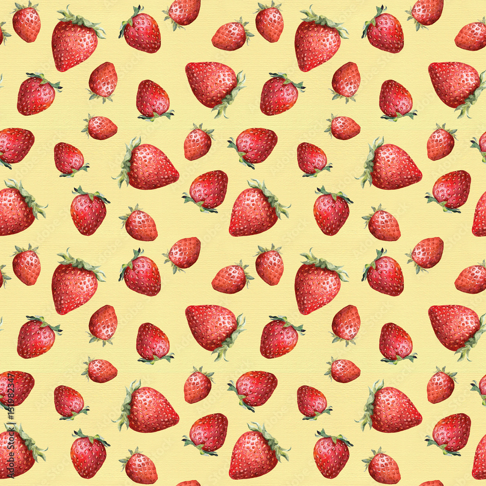 Seamless wallpaper - painted strawberry on yellow background ...